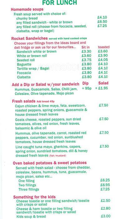 Menu at Rocket cafe, Edinburgh