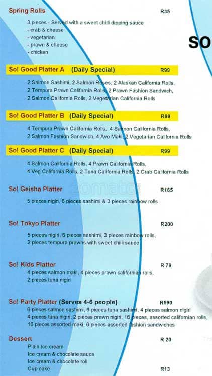 Menu at So! Sushi pub & bar, Durban