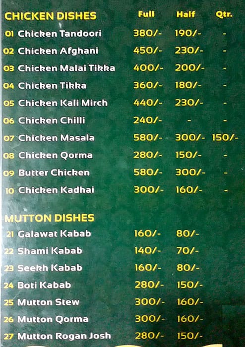 Menu of Dastarkhwan, Kaiserbagh, Lucknow