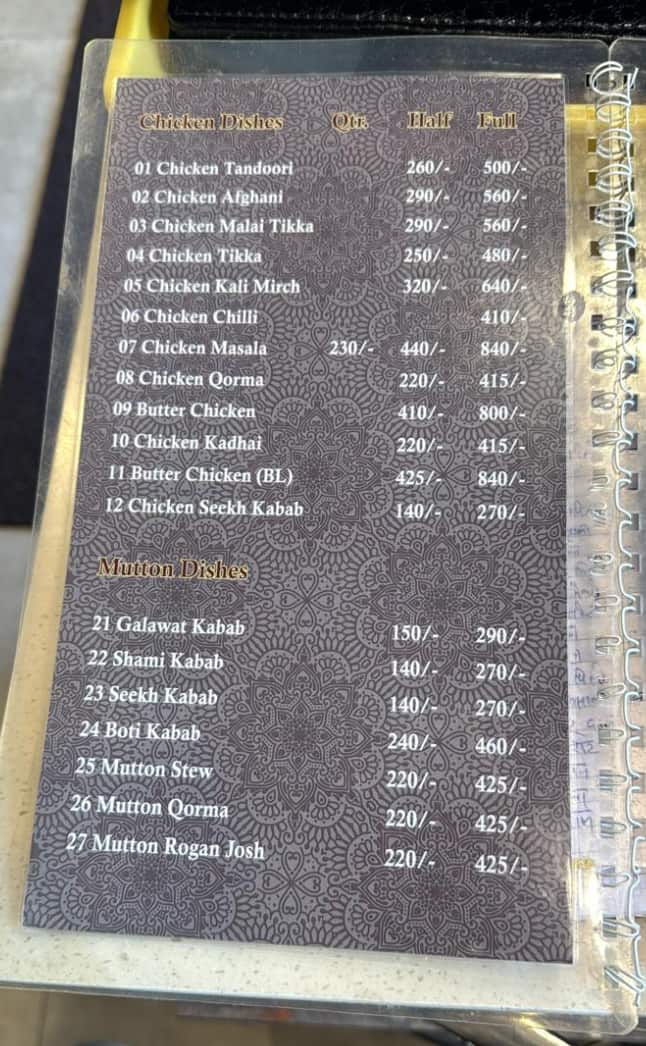 Menu of Dastarkhwan, Kaiserbagh, Lucknow