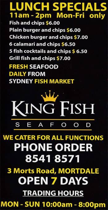 Menu at King Fish Seafood restaurant, Mortdale