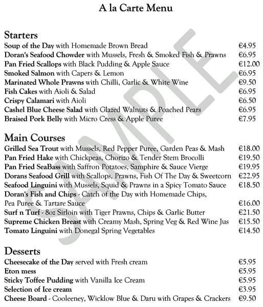 Menu at Doran's At The Beachcomber pub & bar, Dublin, 179 Howth Road
