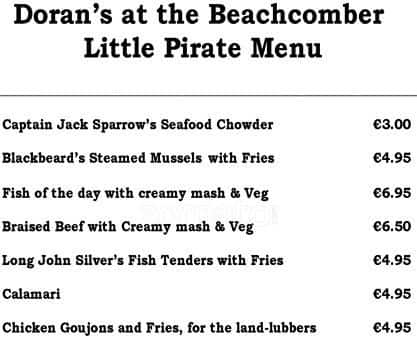 Menu at Doran's At The Beachcomber pub & bar, Dublin, 179 Howth Road