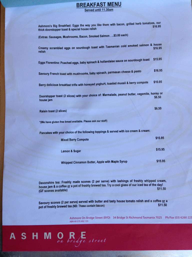 Menu at Ashmore on Bridge Street restaurant, Richmond