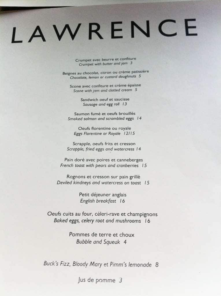 Menu at Lawrence restaurant, Montreal