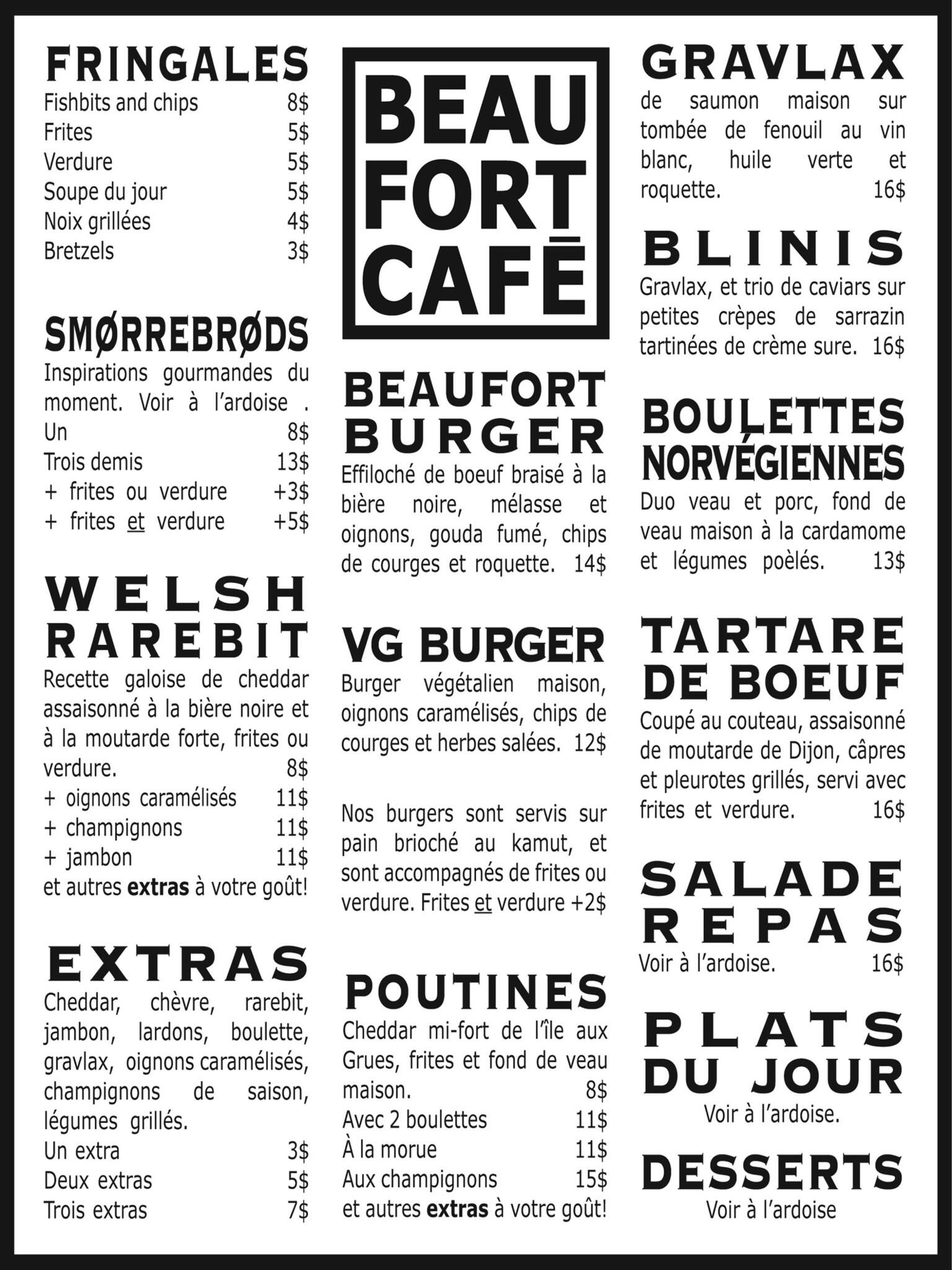 Menu at Beaufort - Bistro restaurant, Montréal, 414 St-Zotique est
