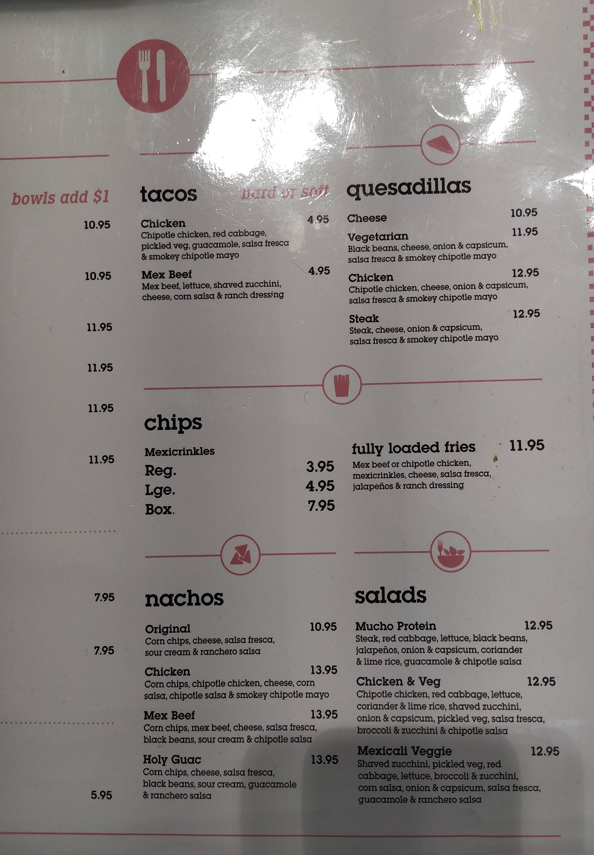 Menu at Salsas restaurant, Parramatta