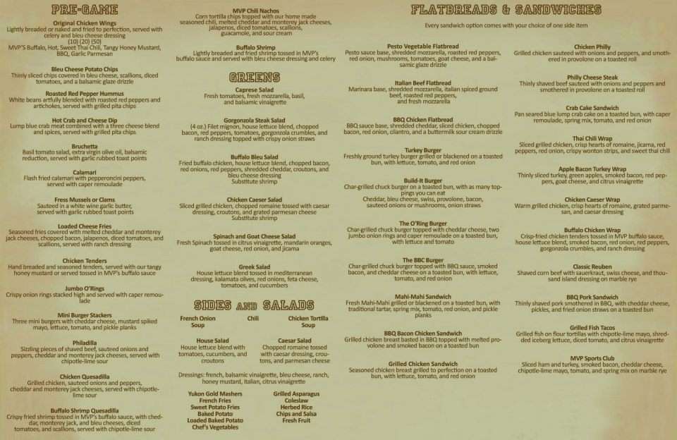 MVP's Clubhouse & Restaurant Menu - Urbanspoon/Zomato