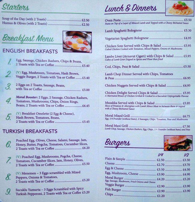 Menu at Moral cafe, Ilford, 313 High Rd