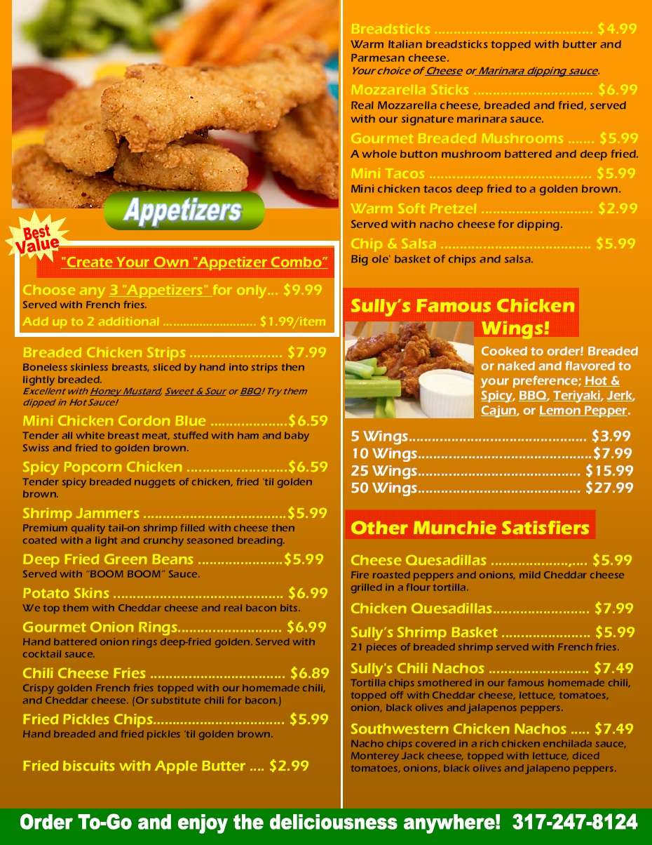 Menu at Sully's pub & bar, Indianapolis