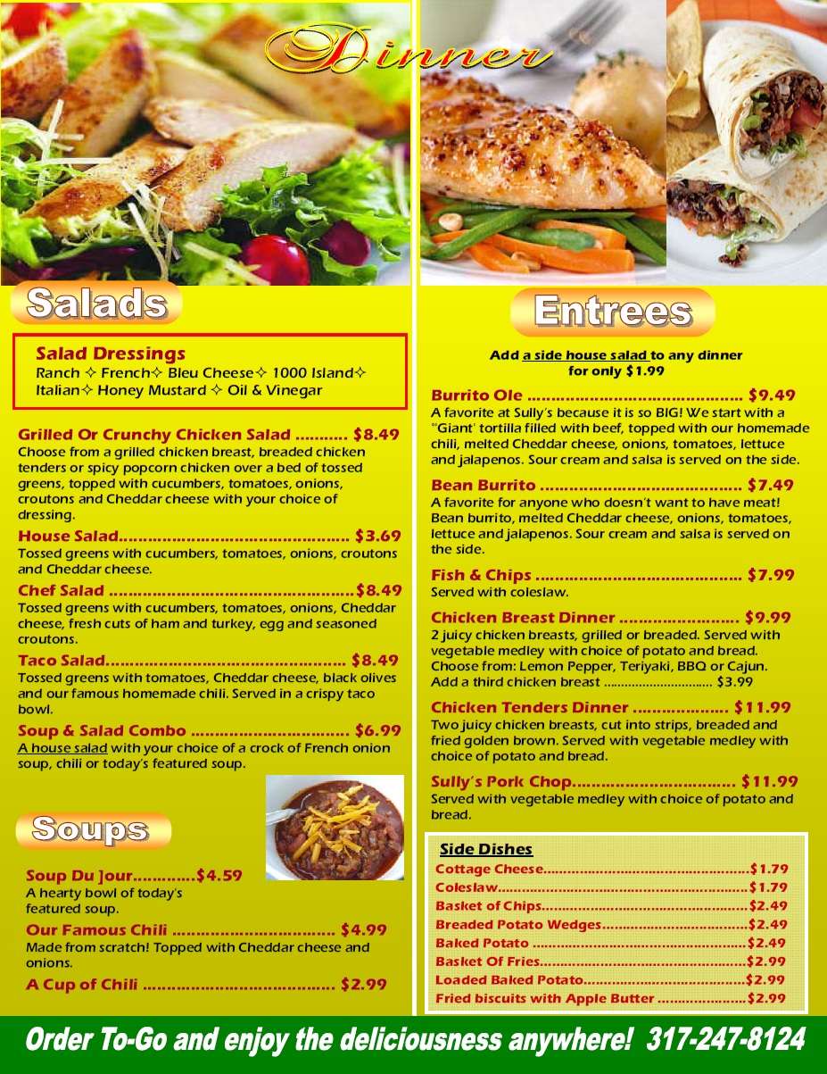 Menu at Sully's pub & bar, Indianapolis