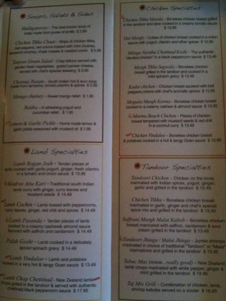 Menu at Tanjore restaurant, Fishkill