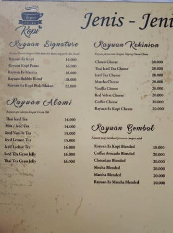 Menu at Rayuan Pulau Kopi, Jakarta, Pacific Place B1