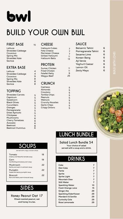 Menu of BWL, Yas Island, Abu Dhabi
