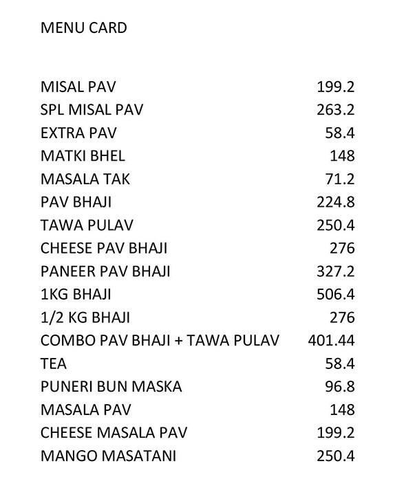 Menu of Pocket Misal And Pavbhaji, Bhosari, Pune