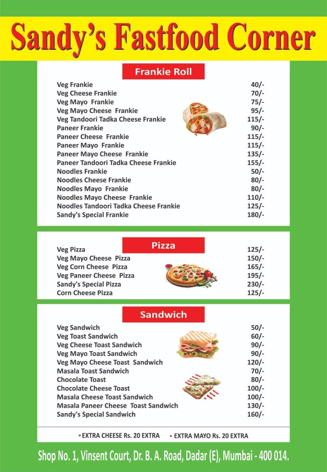 Menu of Sandy's Fast Food Corner, Dadar East, Mumbai