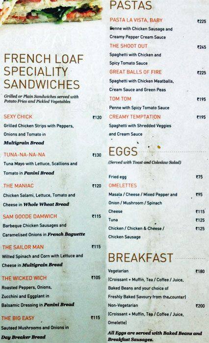 Menu at The French Loaf, Bengaluru, vyalikaval