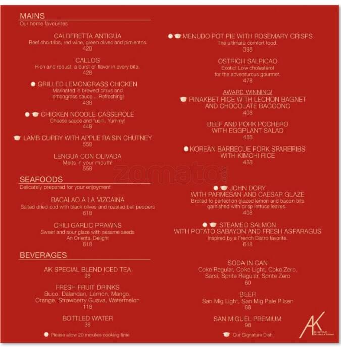 Menu at AK Bistro restaurant, Makati