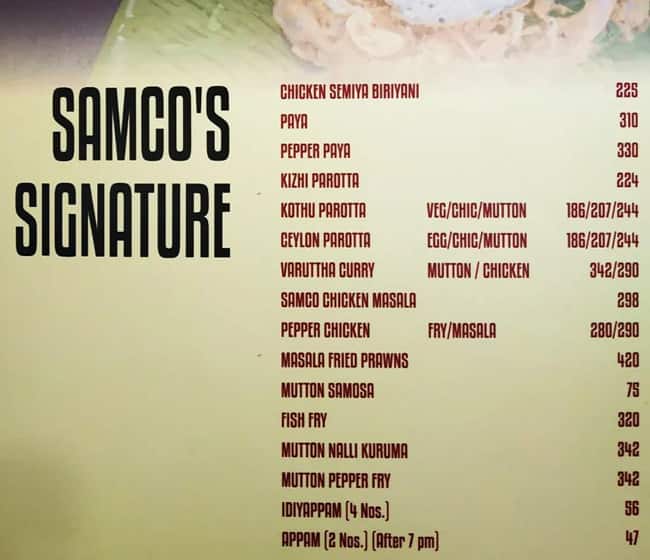 Menu at Samco Anna Nagar, Chennai