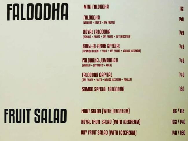 Menu at Samco Anna Nagar, Chennai