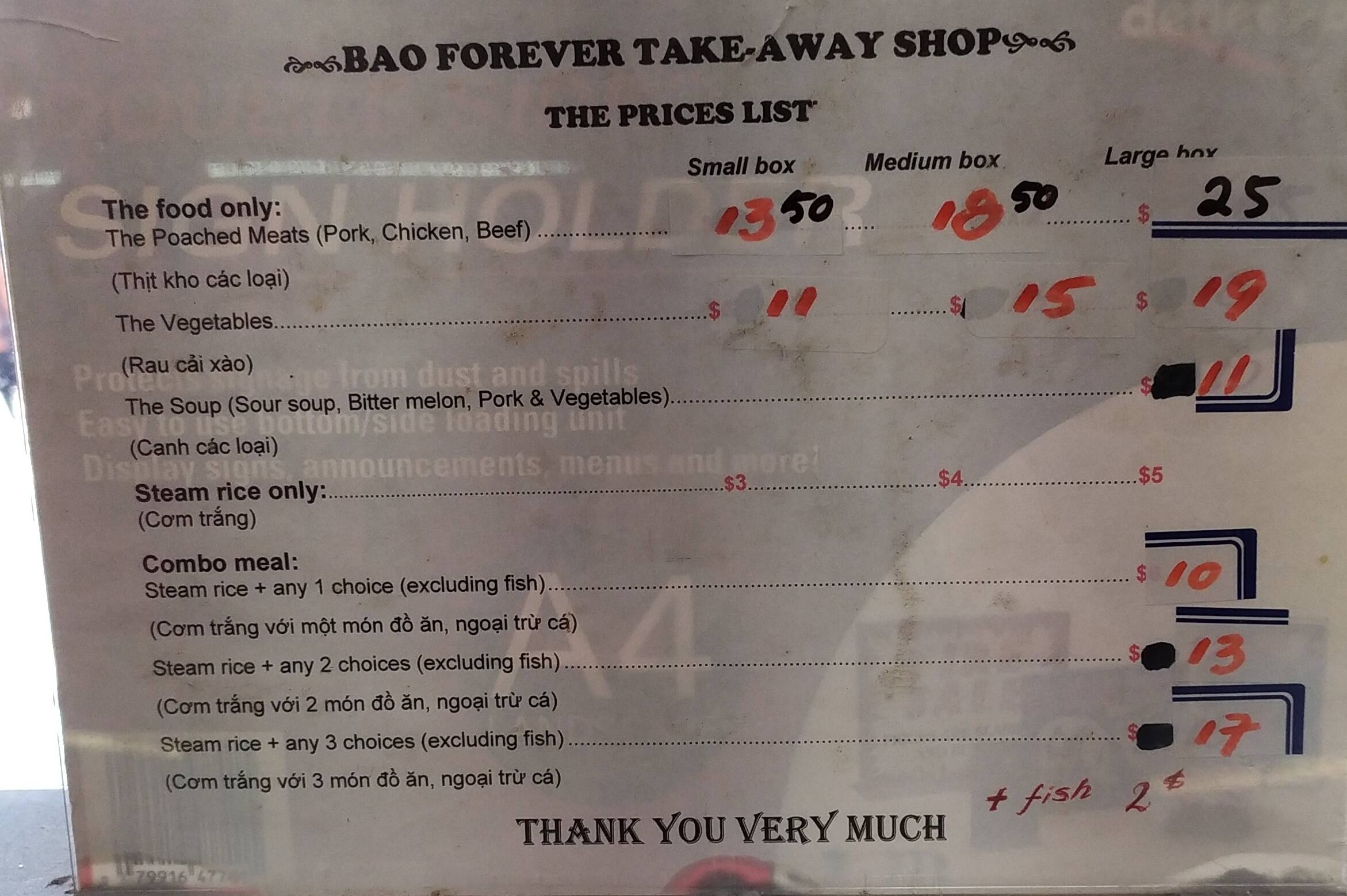 Menu at Bao Forever restaurant, Cabramatta