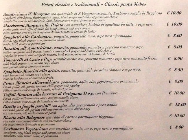 Speisekarte von Trattoria Morgana restaurant, ROM