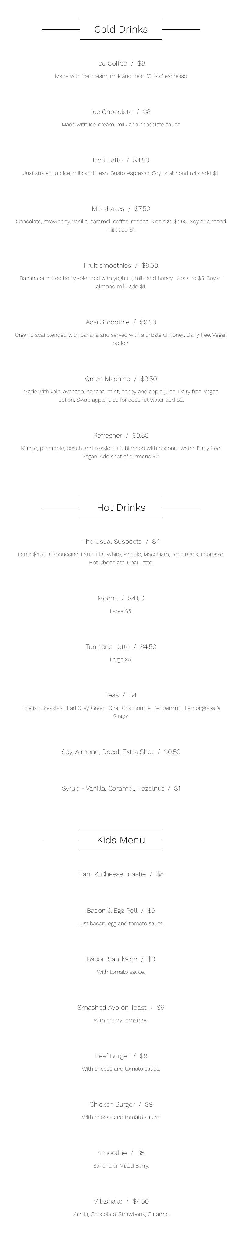 Menu at Gusto on the Beach restaurant, Curl Curl