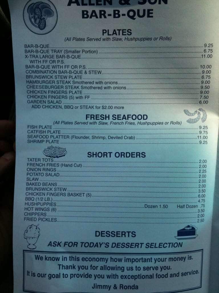 Menu at Allen & Son Bar-B-Que, Pittsboro, US-15