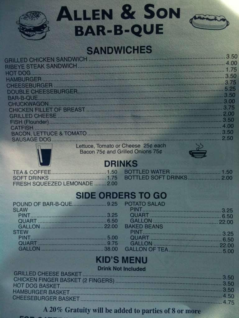 Menu at Allen & Son Bar-B-Que, Pittsboro, US-15