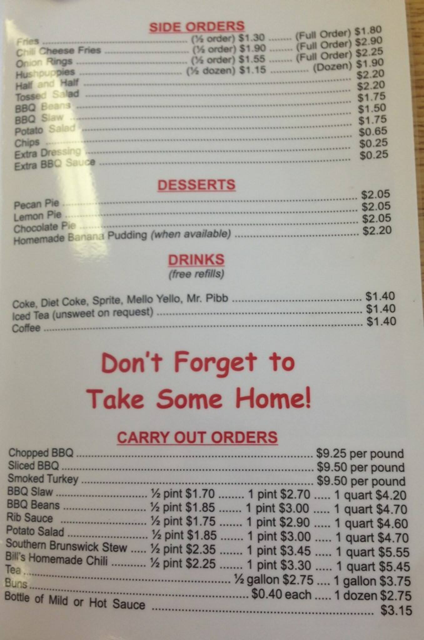 Menu at Southern Barbecue, Spartanburg, 6 Fairview Church Rd