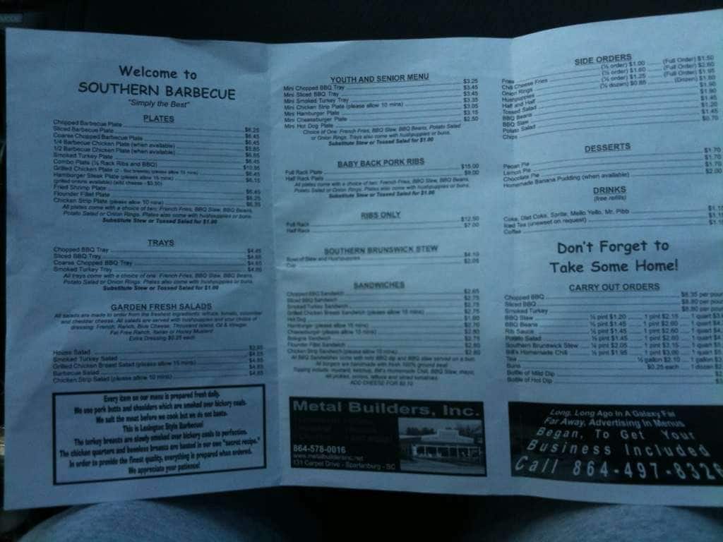 Menu at Southern Barbecue, Spartanburg, 6 Fairview Church Rd