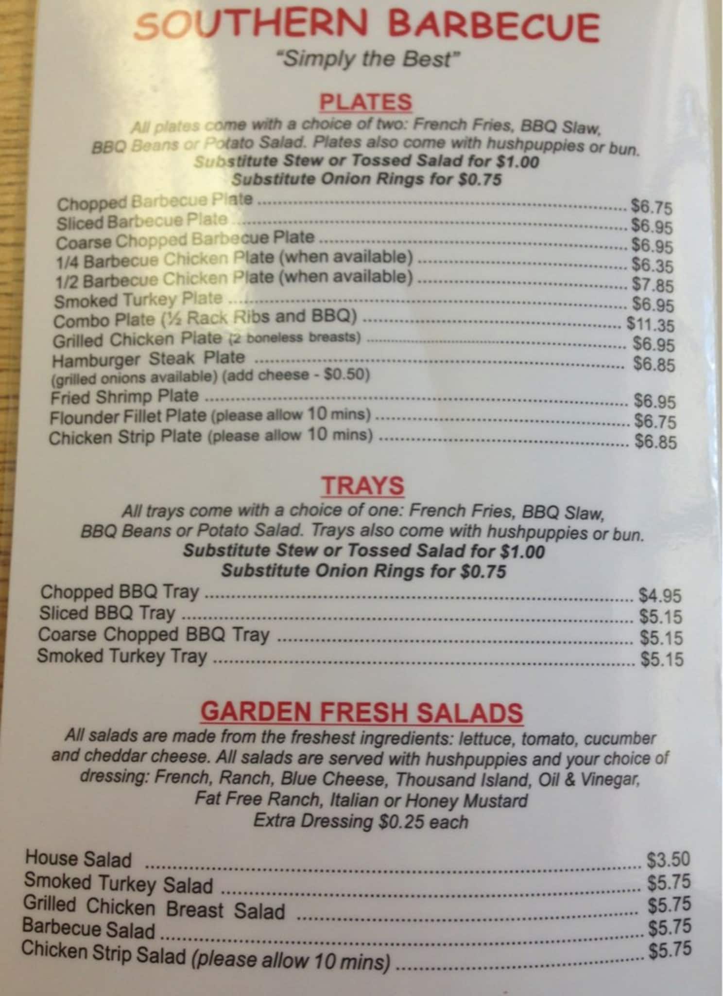 Menu at Southern Barbecue, Spartanburg, 6 Fairview Church Rd