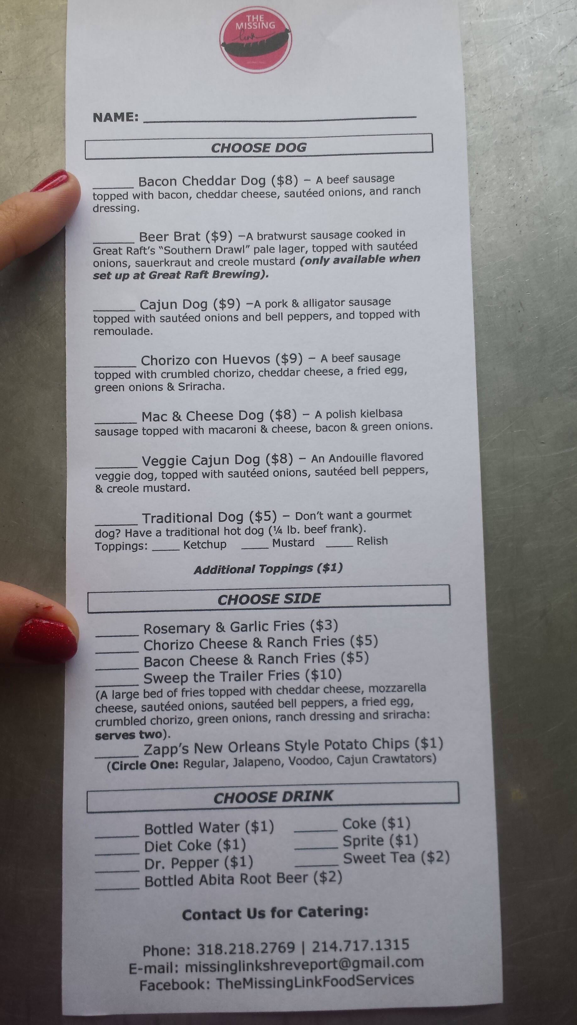 Missing Link Menu, Menu for Missing Link, Shreveport, Shreveport ...