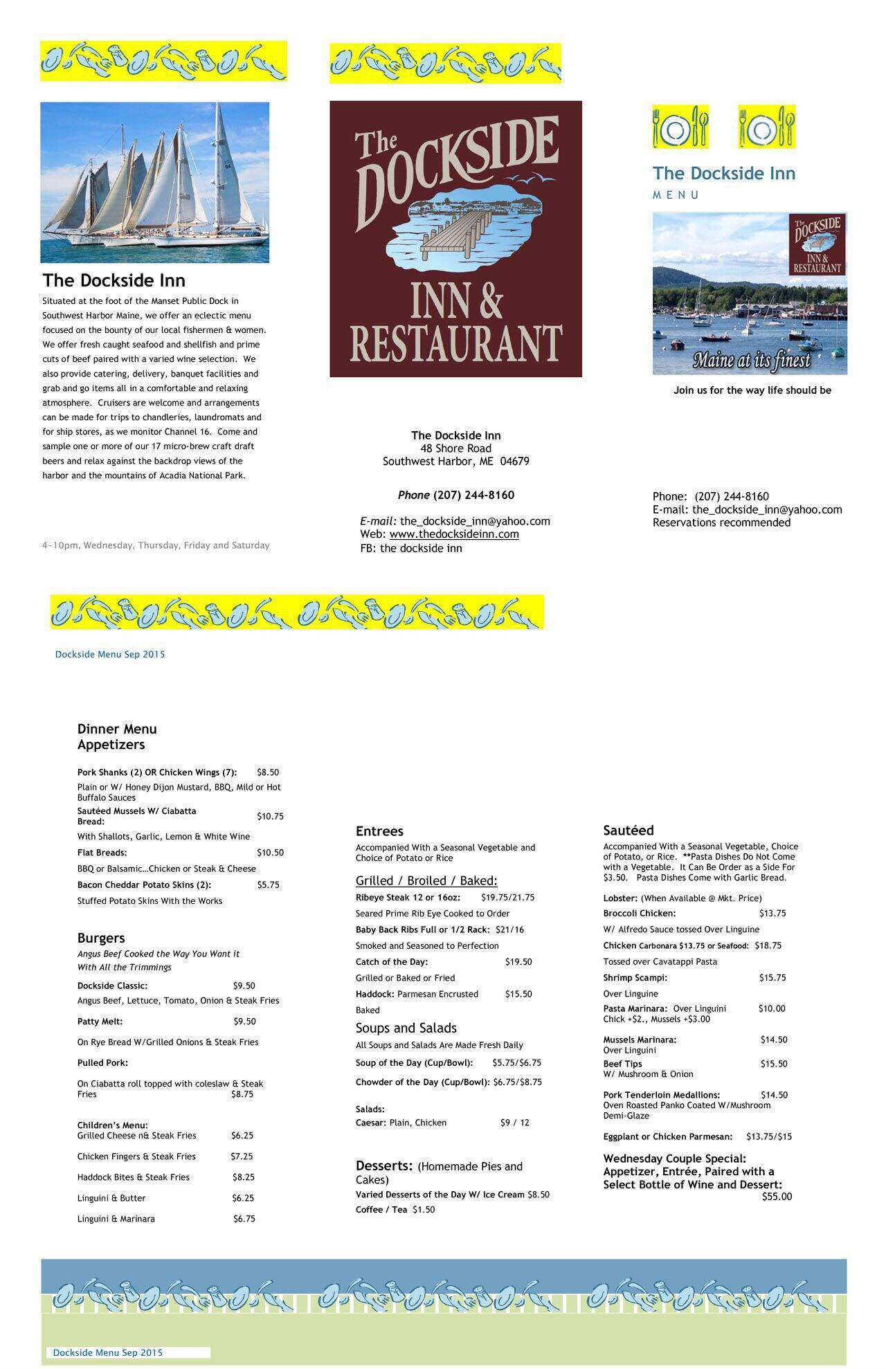 Menu at The Dockside Inn & Restaurant, Mount Desert