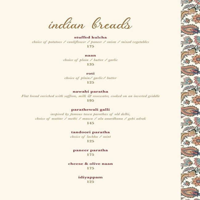 Menu of Hamsa, Adyar, Chennai