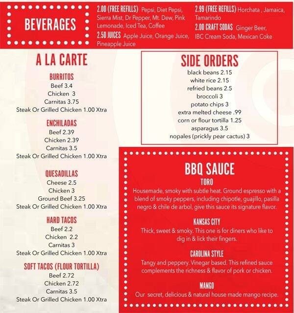 Menu at Aye! Toro restaurant, Sanford