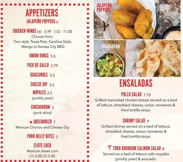 Menu at Aye! Toro restaurant, Sanford