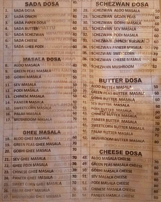 Menu at 100 Varieties Dosa Junction, Raipur