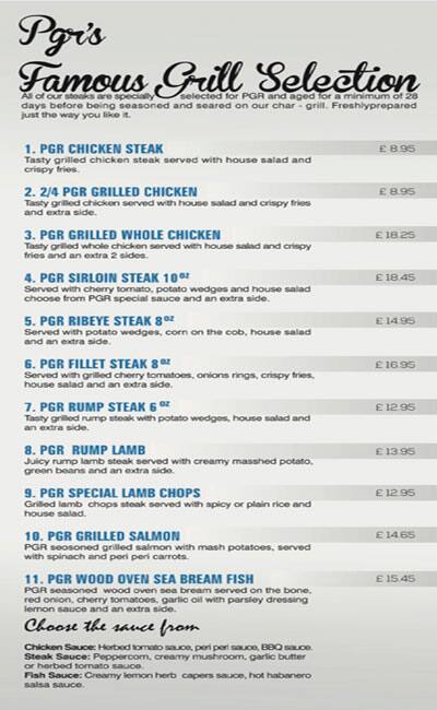 Menu at PGR restaurant, Coventry