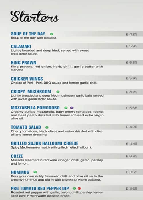 Menu at PGR restaurant, Coventry