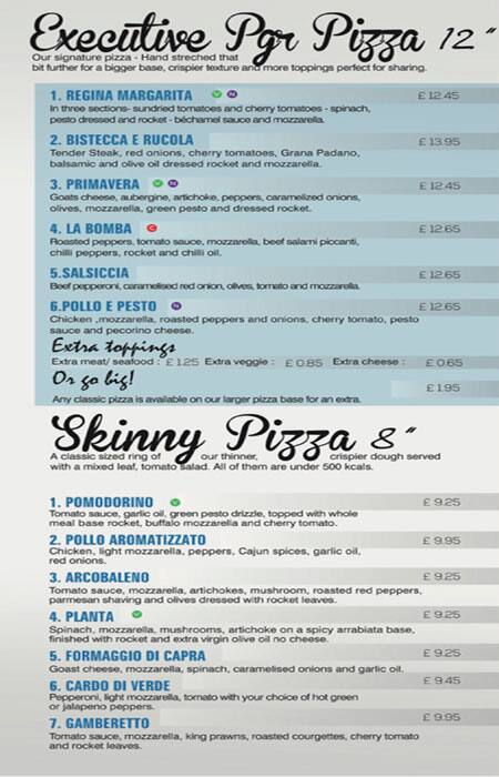 Menu at PGR restaurant, Coventry