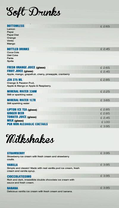 Menu at PGR restaurant, Coventry