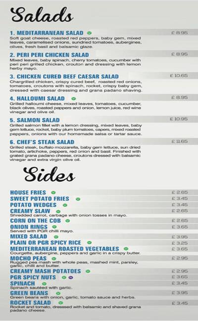 Menu at PGR restaurant, Coventry