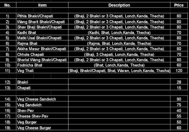 Menu of Swami Shankar Maharashtrian Jevan, Shivaji Nagar, Pune