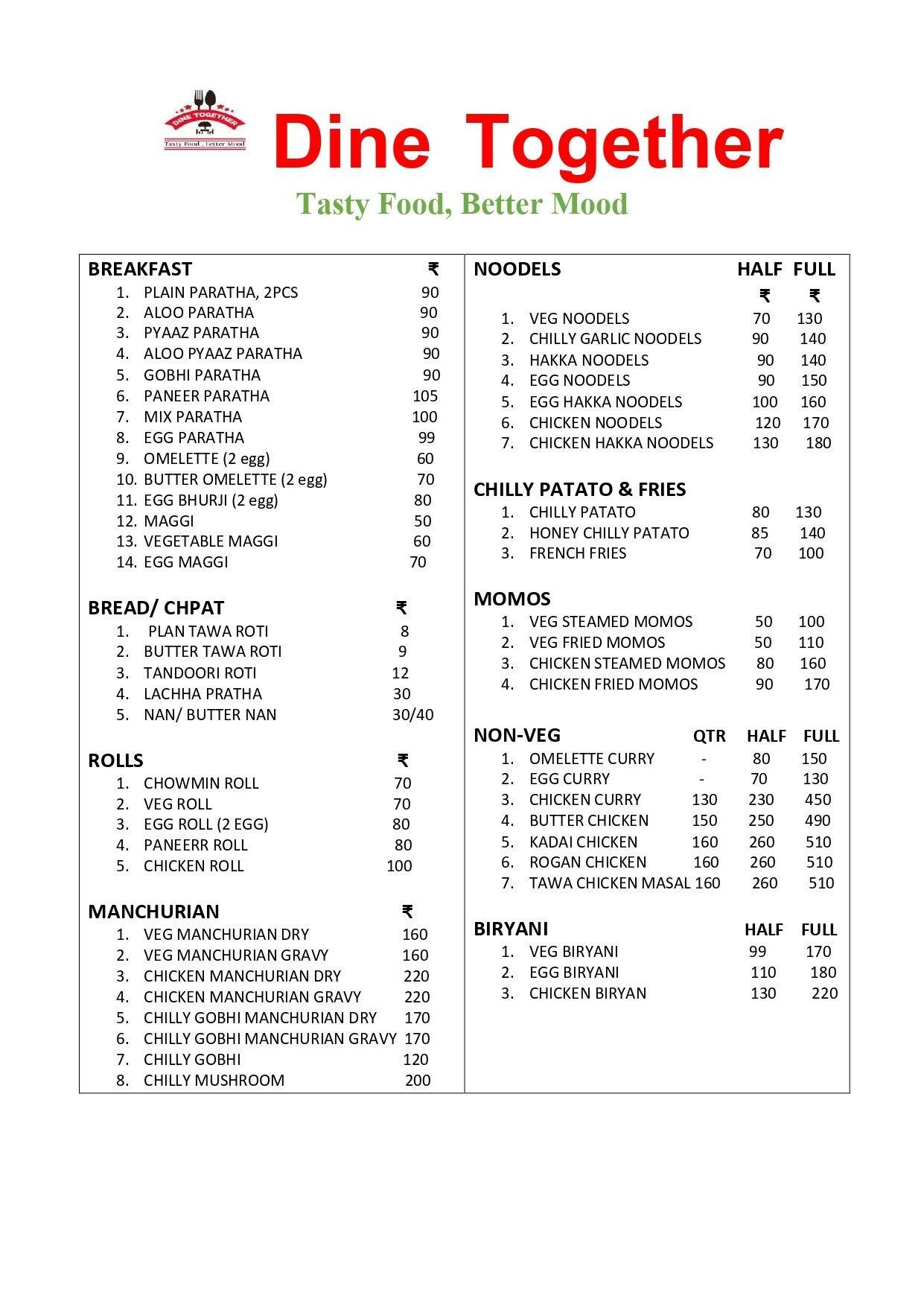 Menu of Dine Together, Sector 30, Gurgaon