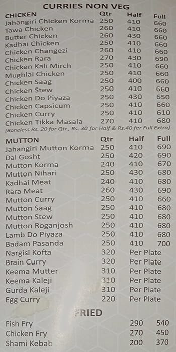 Menu at Mughlai Junction, New Delhi, N 33/10