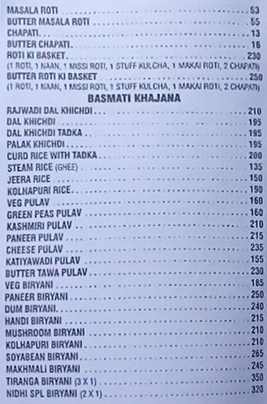 Menu of Shree Nidhi, Bhayandar, Mumbai