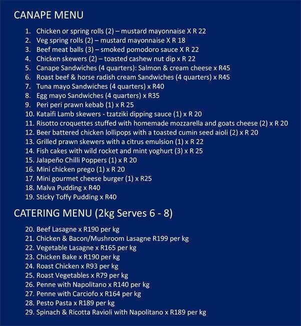 Menu at Zenith Sky Bar, Cape Town