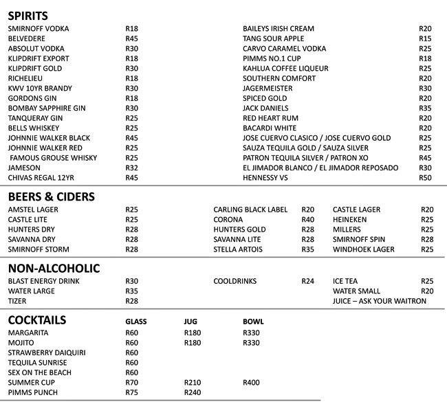 Menu at Zenith Sky Bar, Cape Town