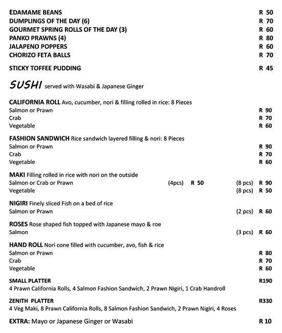 Menu at Zenith Sky Bar, Cape Town